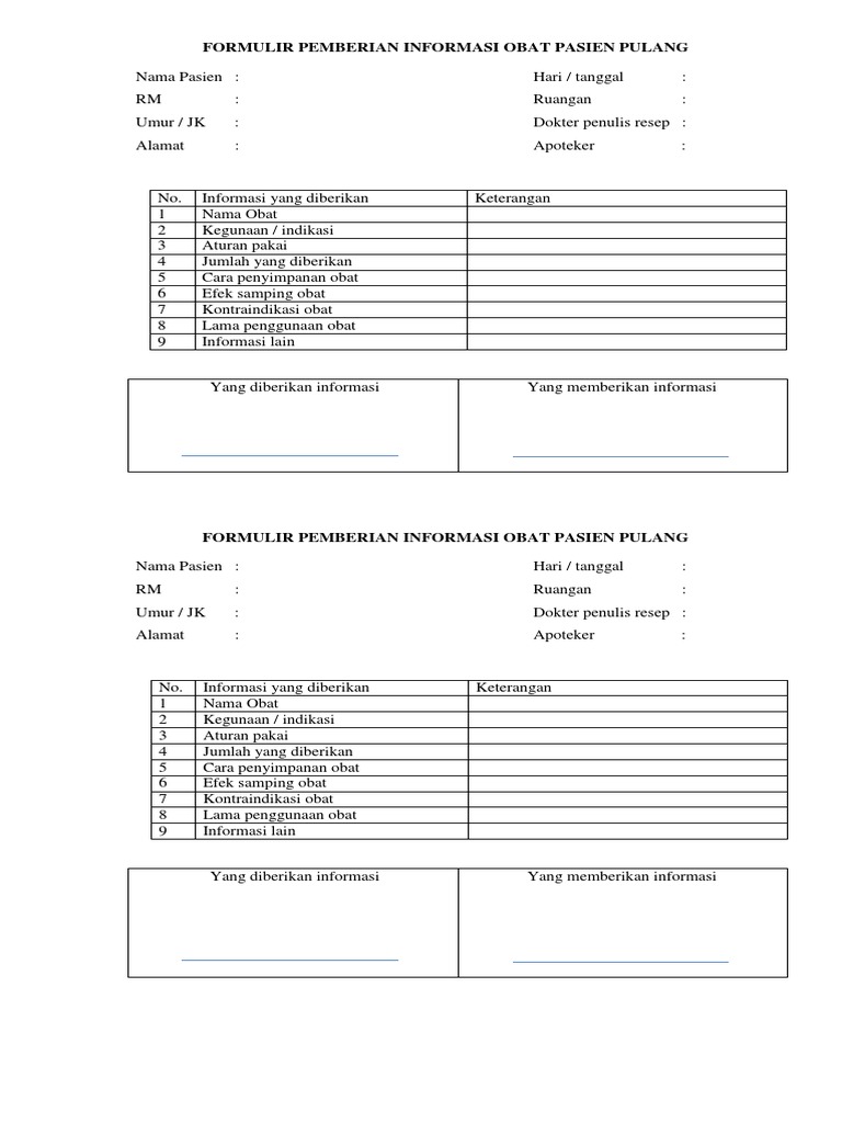Formulir Pemberian Informasi Obat Pasien Pulang | PDF