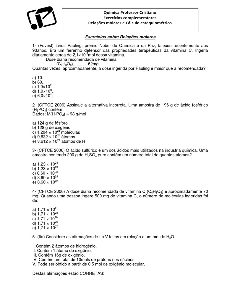 Exercicios de Relacoes e Estequio | PDF | Mol (unidade) | Reações químicas