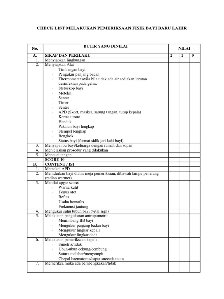CHECKLIST PEMERIKSAAN FISIK BAYI BARU LAHIR | PDF