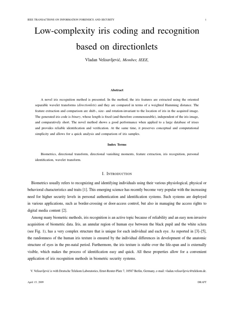 Low-Complexity Iris Coding and Recognition Based On Directionlets | PDF | Biometrics | Wavelet