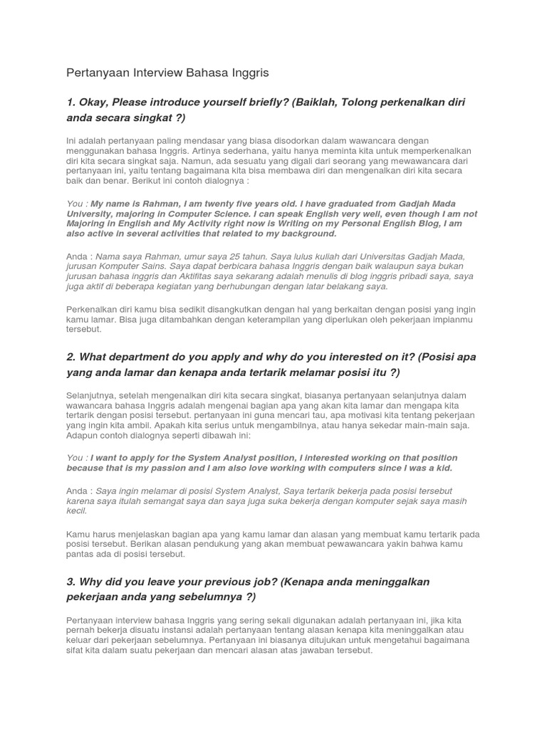 Pelajari Contoh Pertanyaan Wawancara Kerja Dan Jawabannya Dalam Bahasa Inggris Terlengkap ...