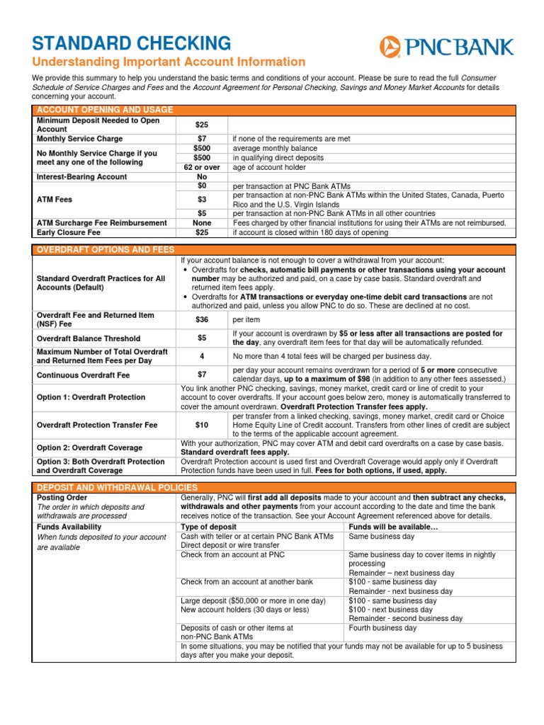 PNC Standard Checking Account Overview | PDF | Overdraft | Fee