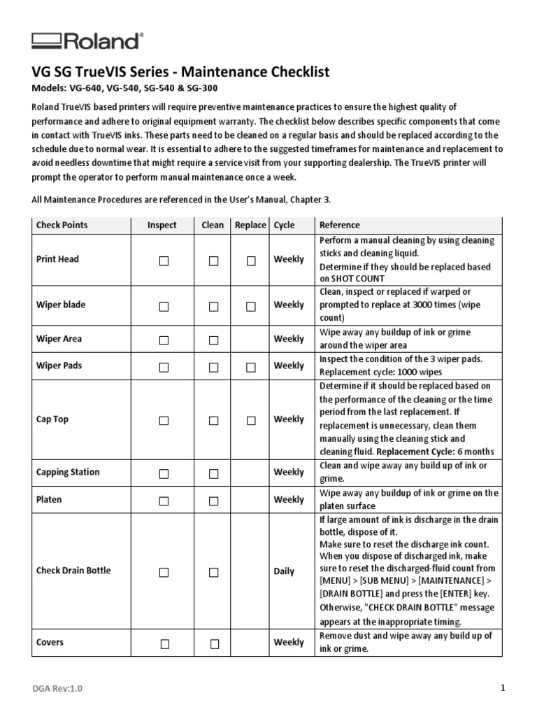 Maintenance Checklist VG - SG Series | PDF | Printer (Computing ...