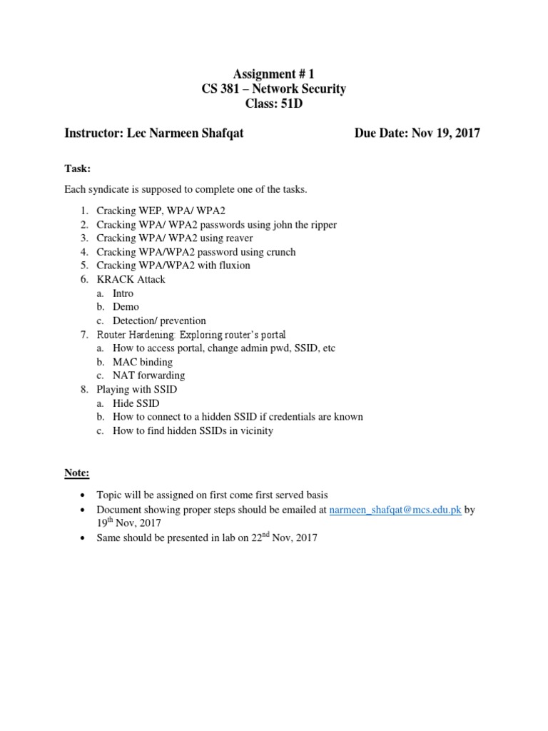 Assignment # 1 CS 381 - Network Security Class: 51D Instructor: Lec Narmeen Shafqat Due Date ...