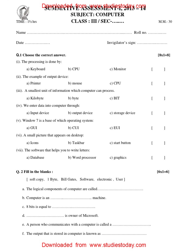 CBSE Class 3 Computers Sample Paper SA2 2014 | PDF | Input/Output | Computer Data Storage