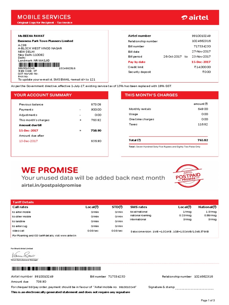 Mobile Bill - Nov 2017 PDF | PDF | Invoice | Payments