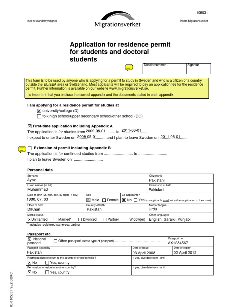 Application For Residence Permit For Students and Doctoral Students ...