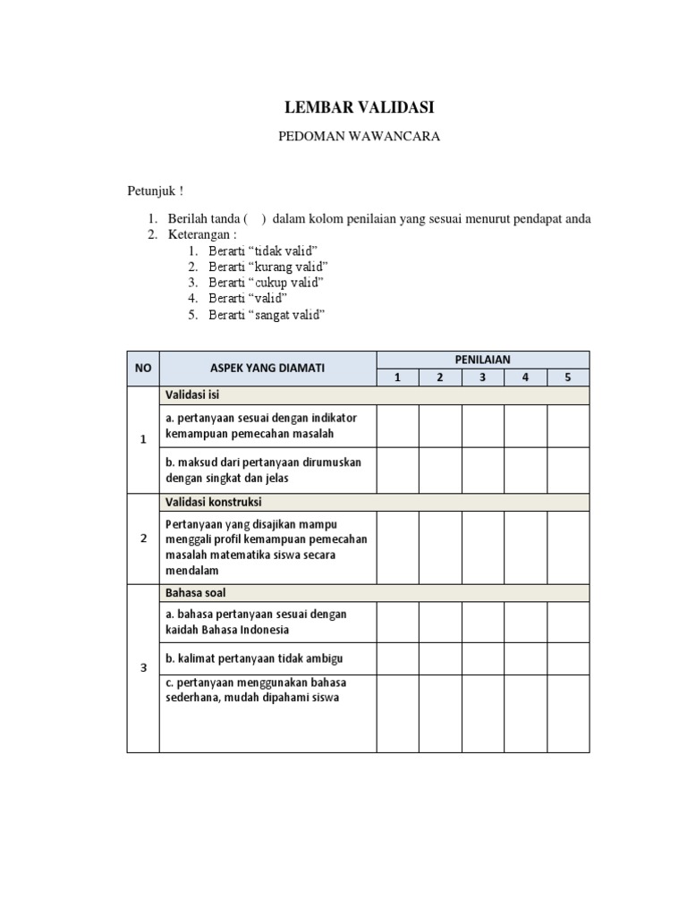 LEMBAR VALIDASI Pedoman Wawancara | PDF