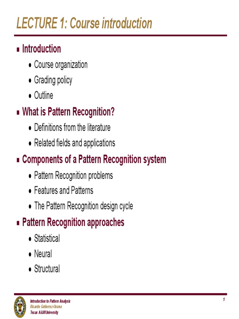 PR - L1-Introduction To Pattern Recognition PDF | Download Free PDF | Pattern Recognition ...