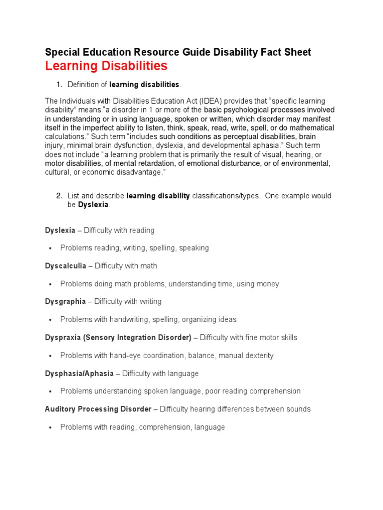 Learning Disabilities: Special Education Resource Guide Disability Fact ...