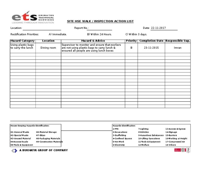 Site Hse Walk / Inspection Action List | PDF