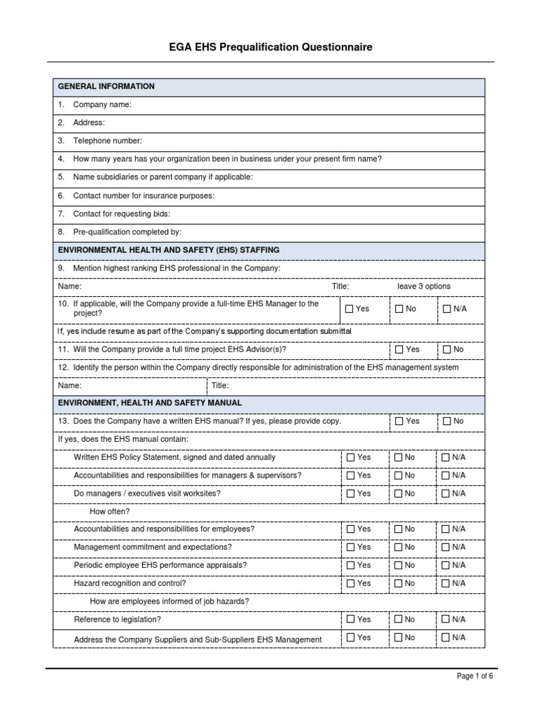 EGA EHS Prequalification Form | PDF | Occupational Safety And Health ...