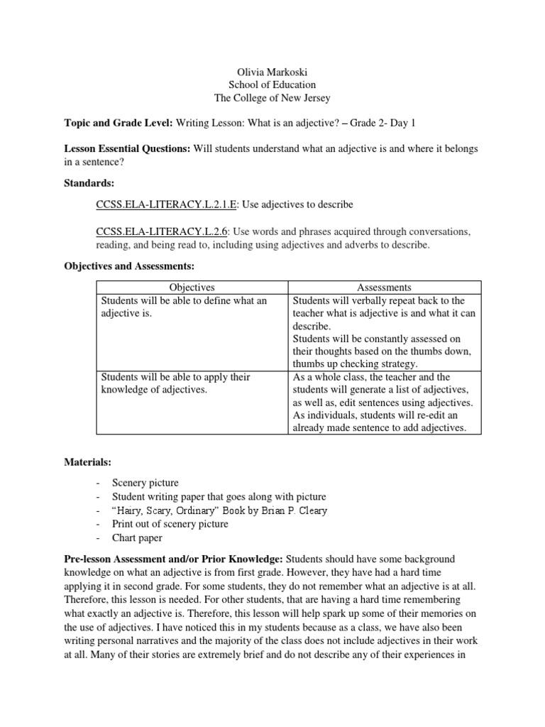 Lesson Plan - Introduction To Adjectives | PDF | Adjective | Classroom