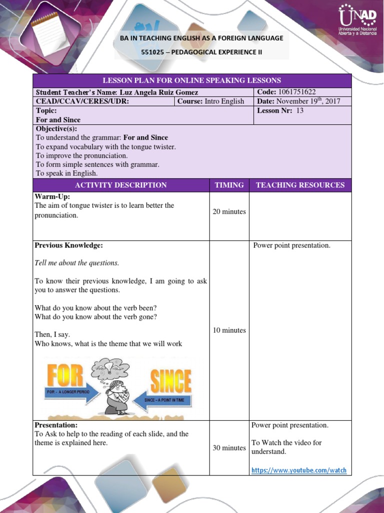 Lesson Plan Format-For and Since. | PDF | Lesson Plan | English Language