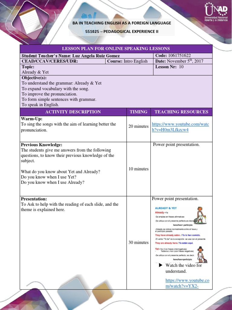Lesson Plan Format - ALREADY & YET | PDF | Lesson Plan | English Language