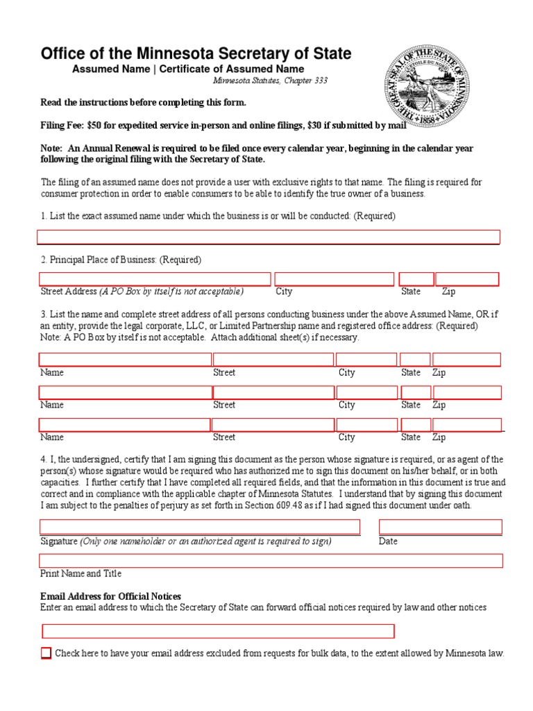 MN Assumed Name Registration | PDF | Partnership | Corporations