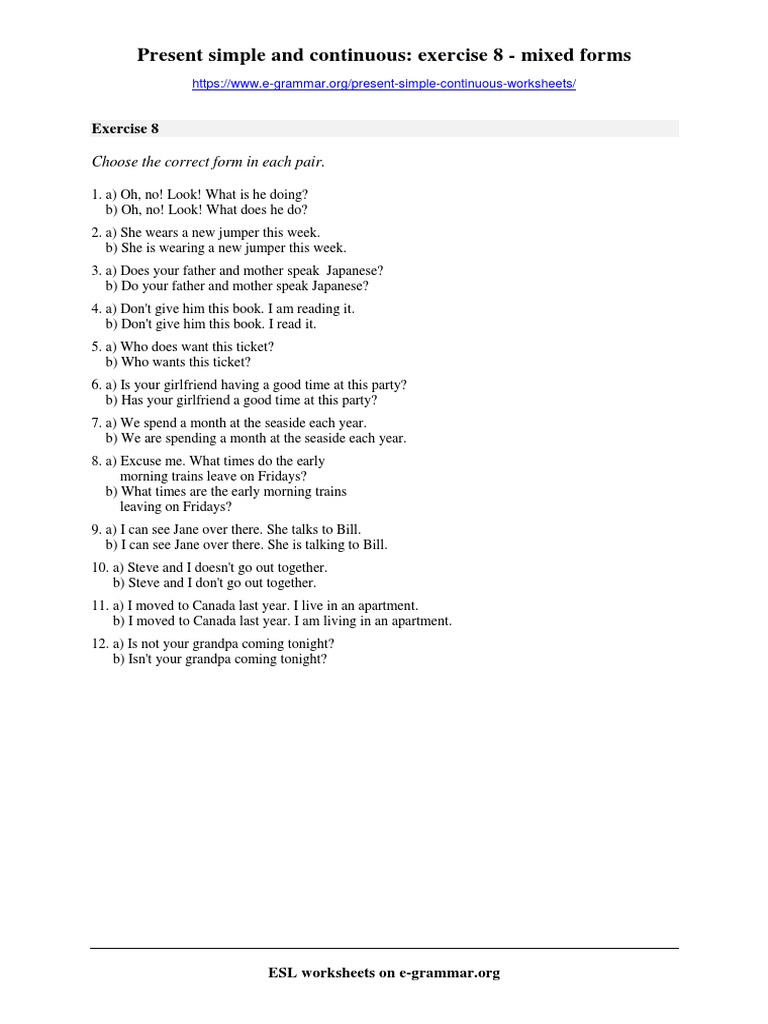 Present Simple Continuous Exercise 8 PDF | PDF