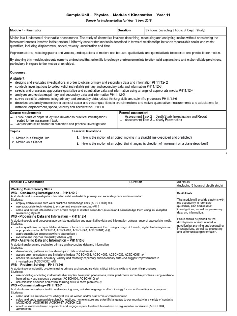 Physics Stage 6 Year 11 Sample Unit Module 1 Kinematics | PDF ...