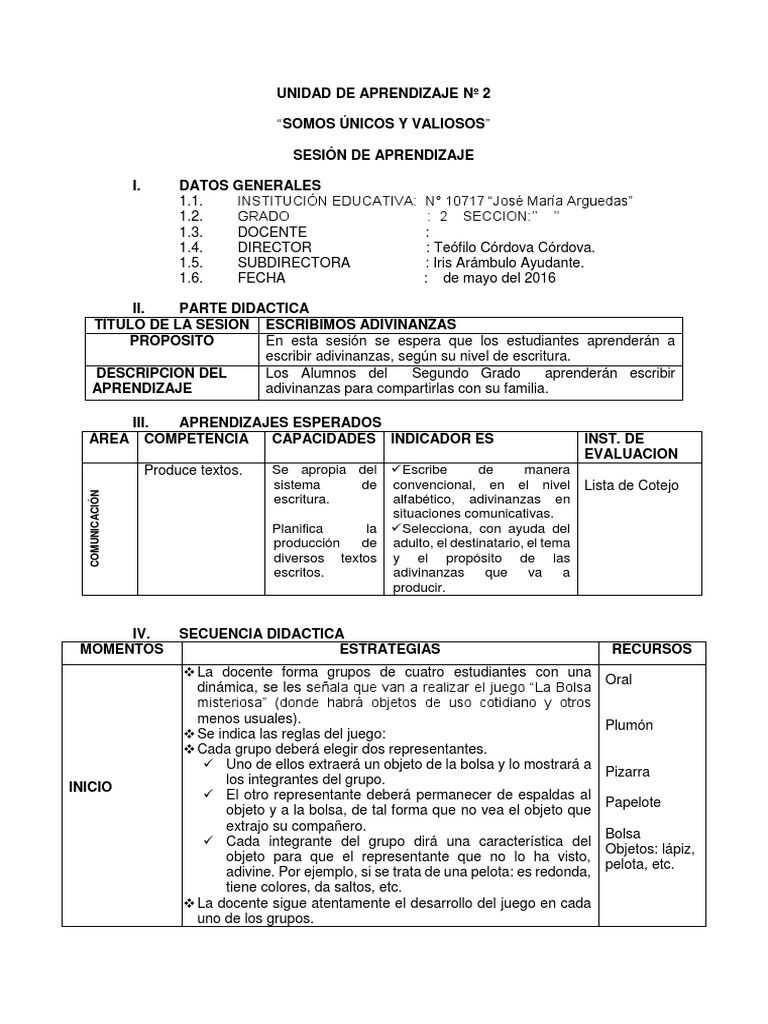Sesion de Aprendizaje 2 Escribimos Adivinanzas | PDF | Maestros | Escritura