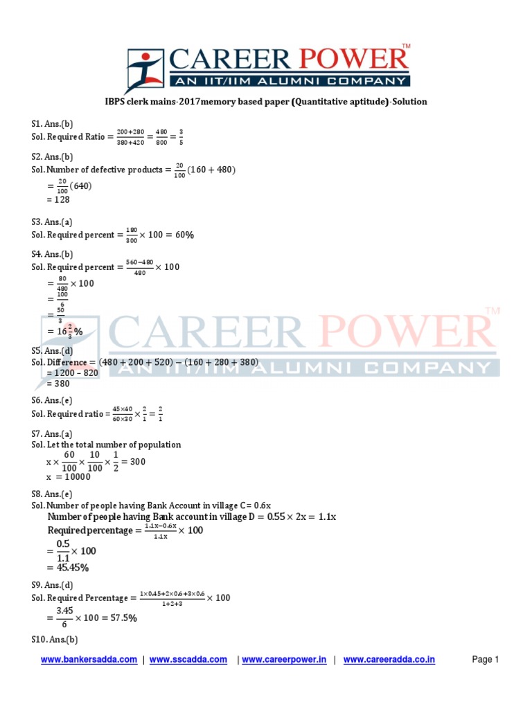 IBPS Clerk Mains 2017 Quant Solutions | PDF | Elementary Mathematics ...