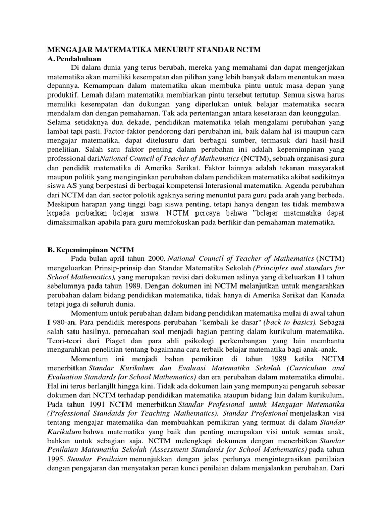 Mengajar Matematika Menurut Standar NCTM | PDF