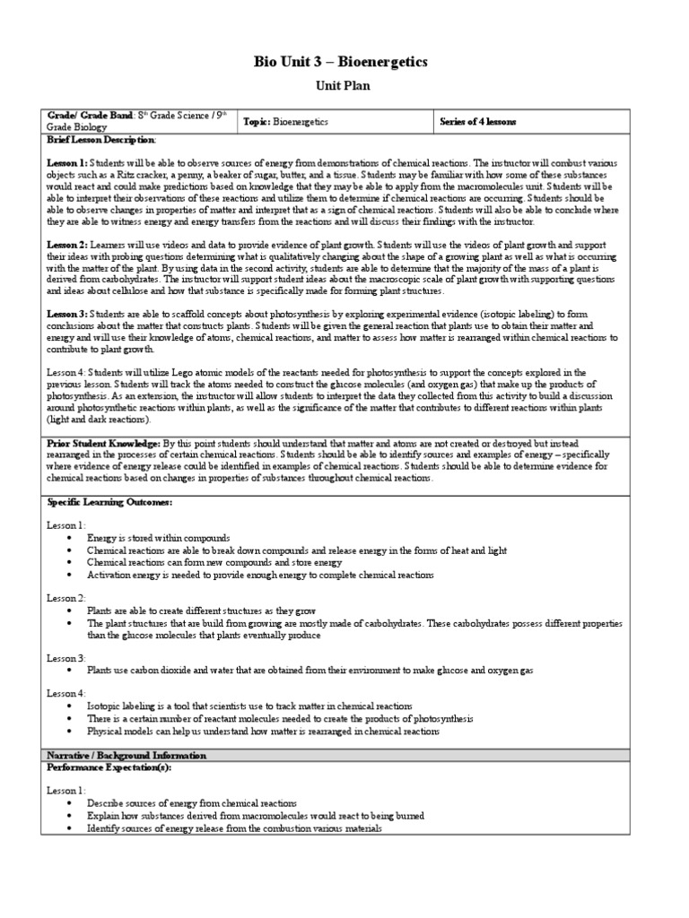 Bio Unit 3 Bioenergetics Unit Plan | PDF | Chemical Reactions ...