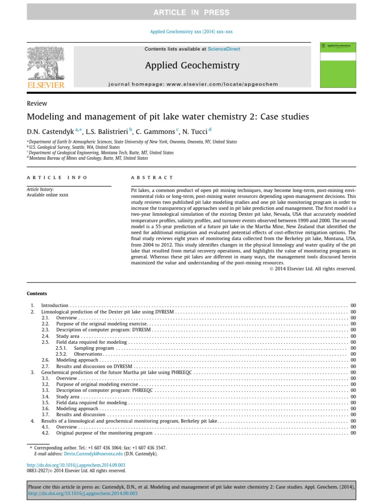 Modeling and Management of Pit Lake Water Chemistry 2: Case Studies ...