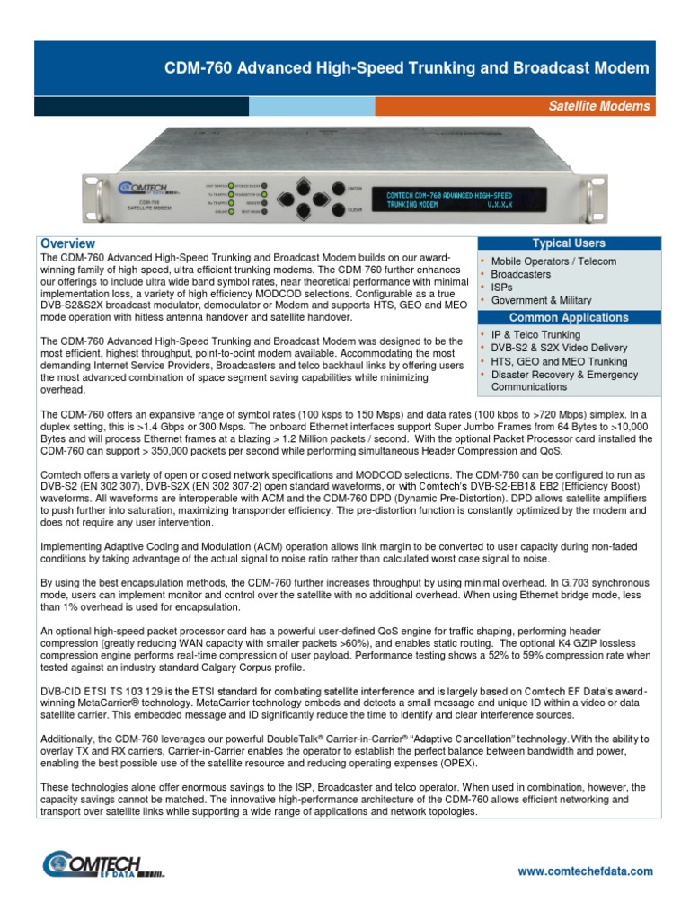 Comtech/EFData CDM-760 Satellite Modem Data Sheet | PDF | Network ...