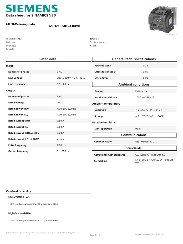 SINAMICS V20 Data Sheet Overview | PDF | Relay | Physical Quantities