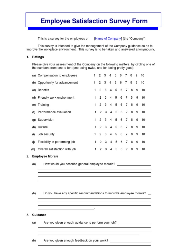 Employee Satisfaction Survey Form | PDF | Job Satisfaction ...