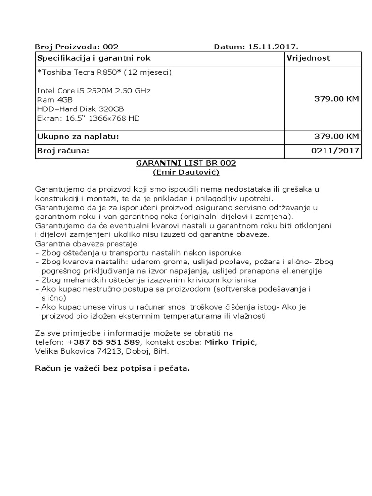 Racun I Garantni List 002 - Emir Dautović | PDF