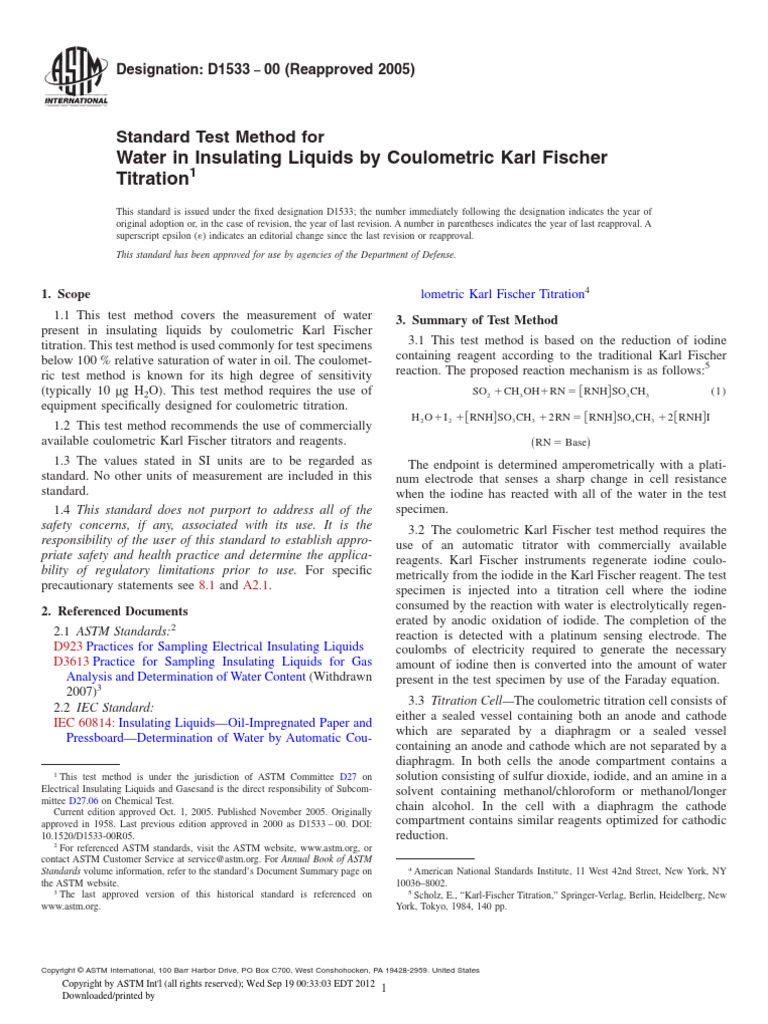 ASTM-D1533 Water in Insulating Liquids PDF | PDF | Syringe | Chemical Substances