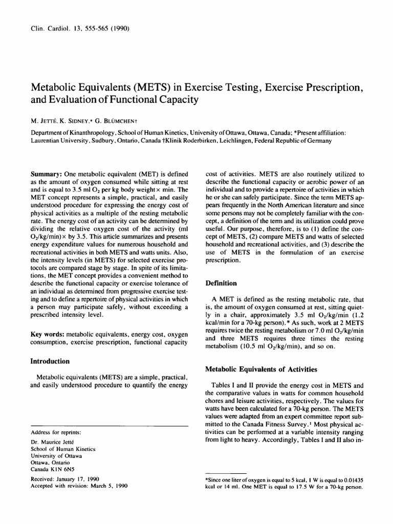 4. Metabolic Equivalents (METS) in Exercise Testing, Exercise ...