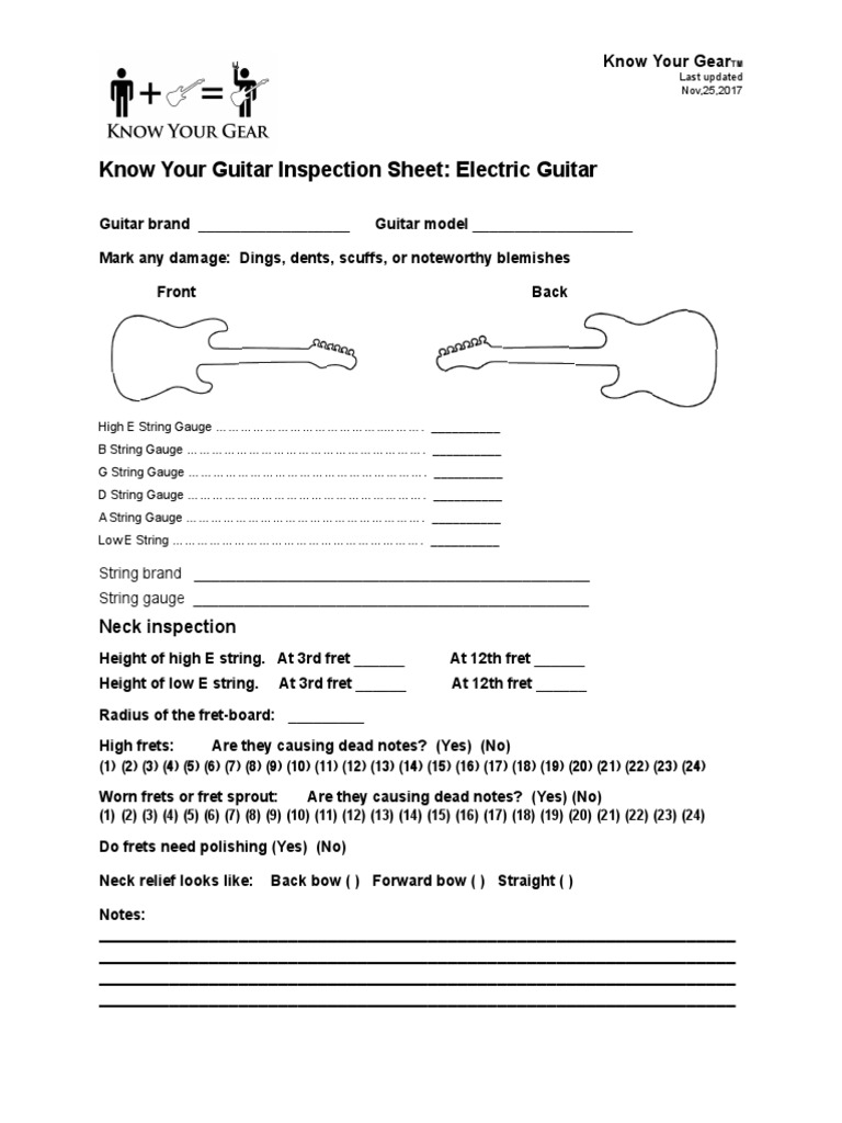 Know Your Gear Electric Inspection Sheet | PDF | Guitars | Nut (Hardware)