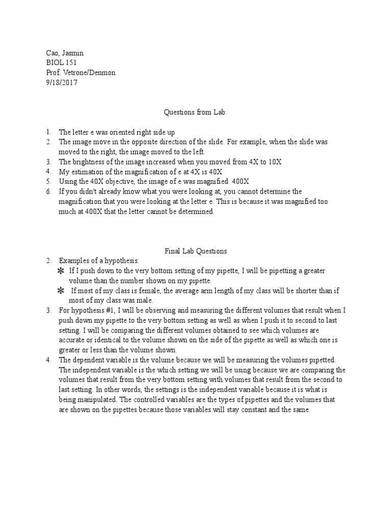 Biol 151 Lab 1 Experiment Mean