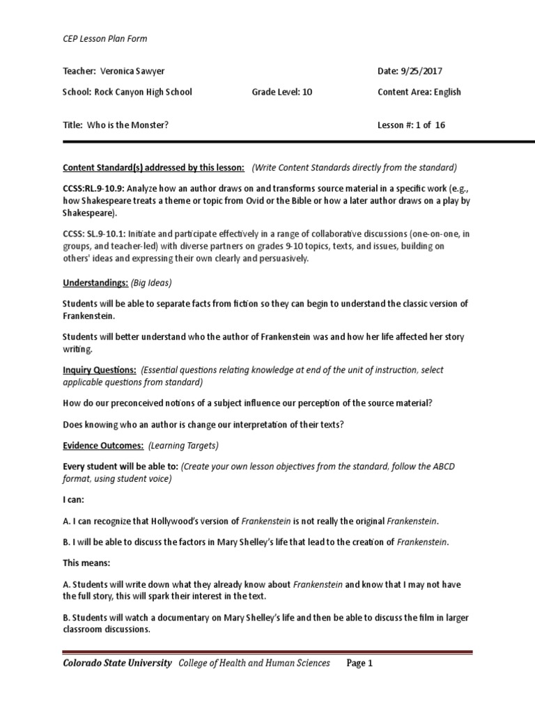 Cep Lesson Plan Frankenstein Day 1 | PDF | Frankenstein | Lesson Plan