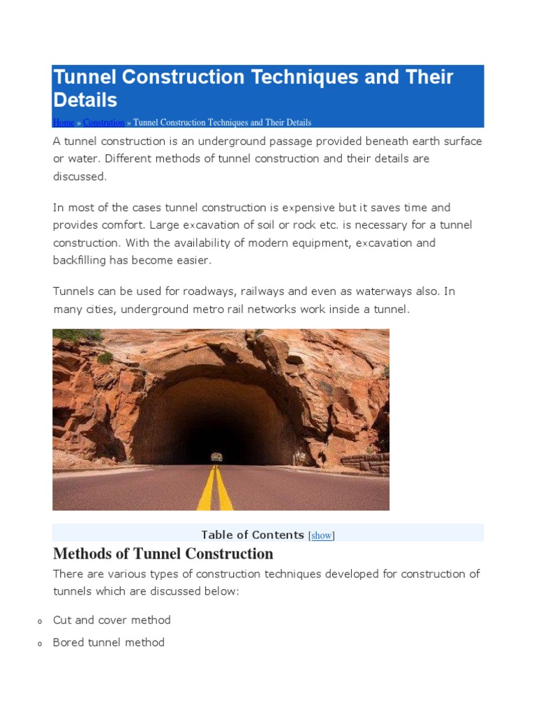 Tunnel Construction Techniques and Their Details | PDF | Tunnel | Ventilation (Architecture)