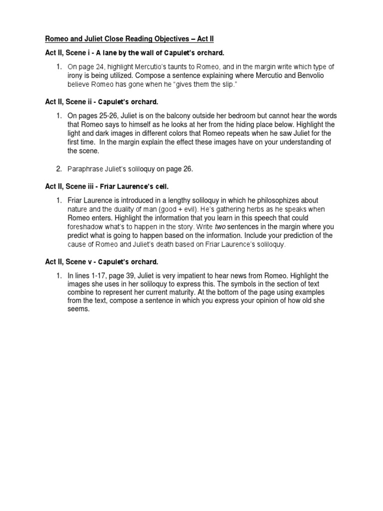 Close Reading Objectives - Act 2 | PDF | Young Adult
