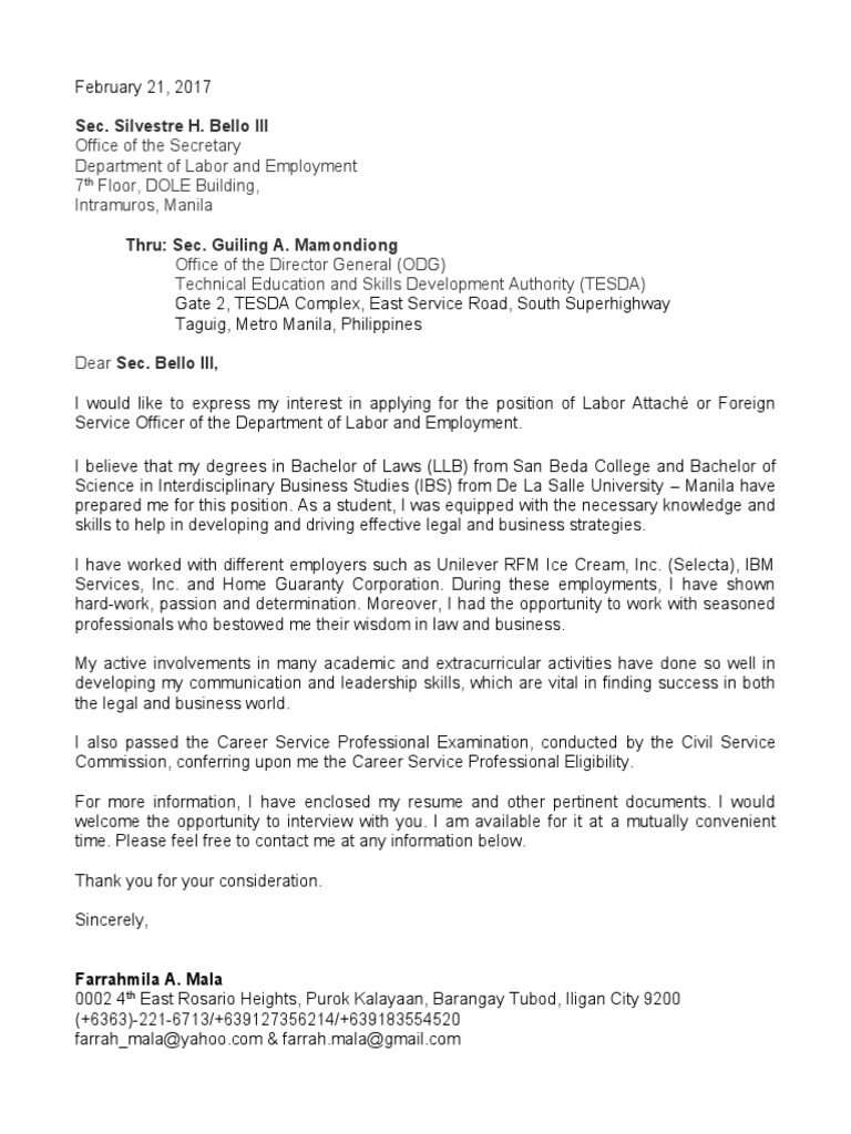 Mala Application Letter Labor Attache Bello III | PDF