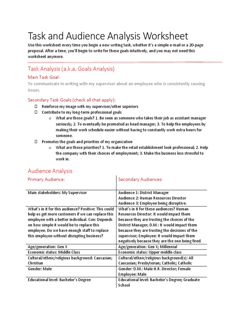 Task and Audience Analysis Worksheet | PDF | Employment | Leadership