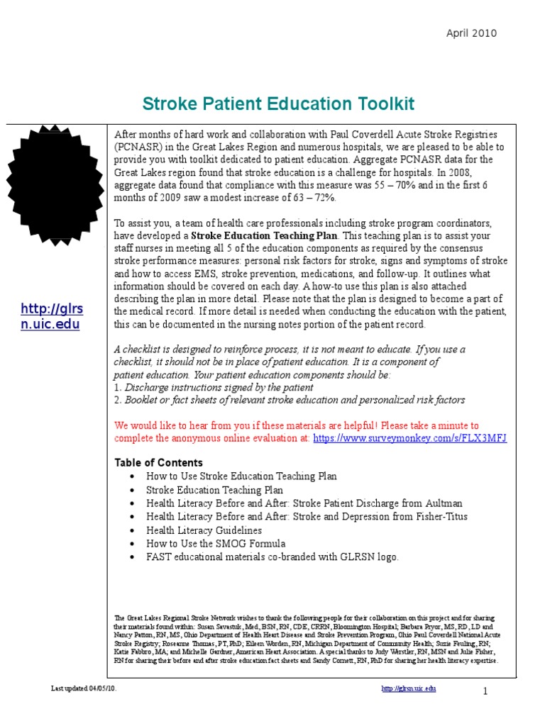 Stroke Patient Education Toolkit: This guide can also be found online at