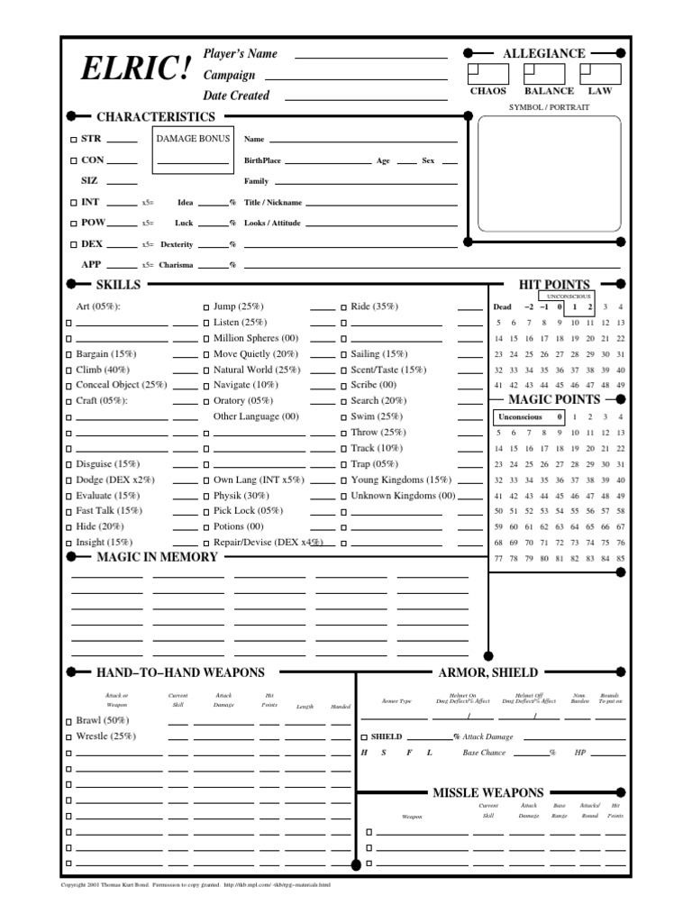 Elric! - Character Sheet - Front | PDF