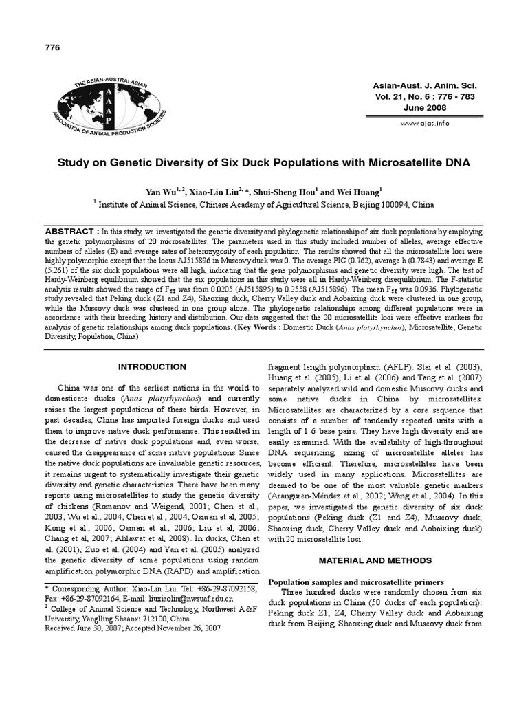 Study On Genetic Diversity of Six Duck Populations With Microsatellite ...