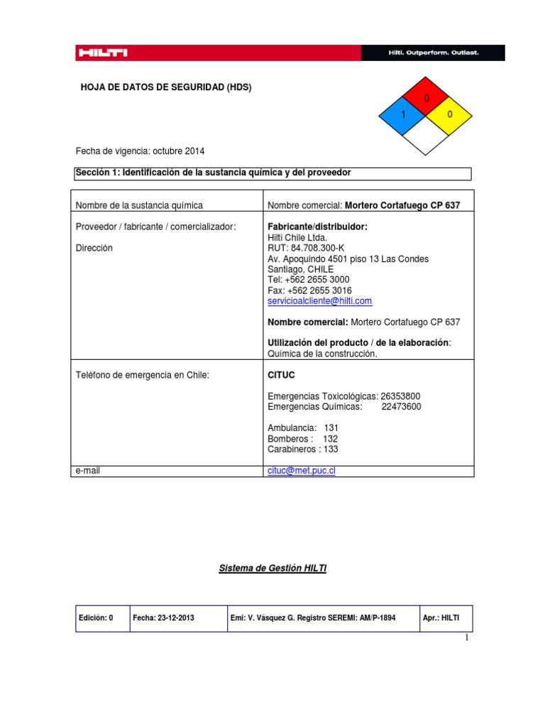 Hoja de Seguridad Hilti CP 637 | PDF | Toxicidad | Residuos