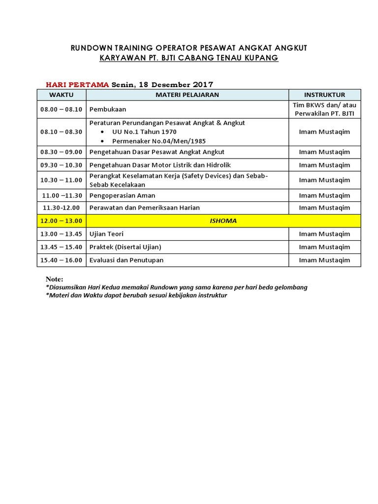 Jadwal Training Operator Angkat Angkut BJTI NTT | PDF