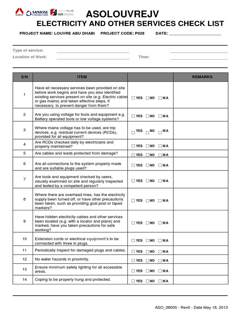 HSE05 - Electricity Other Services Check List | PDF | Mains Electricity | Electromagnetism