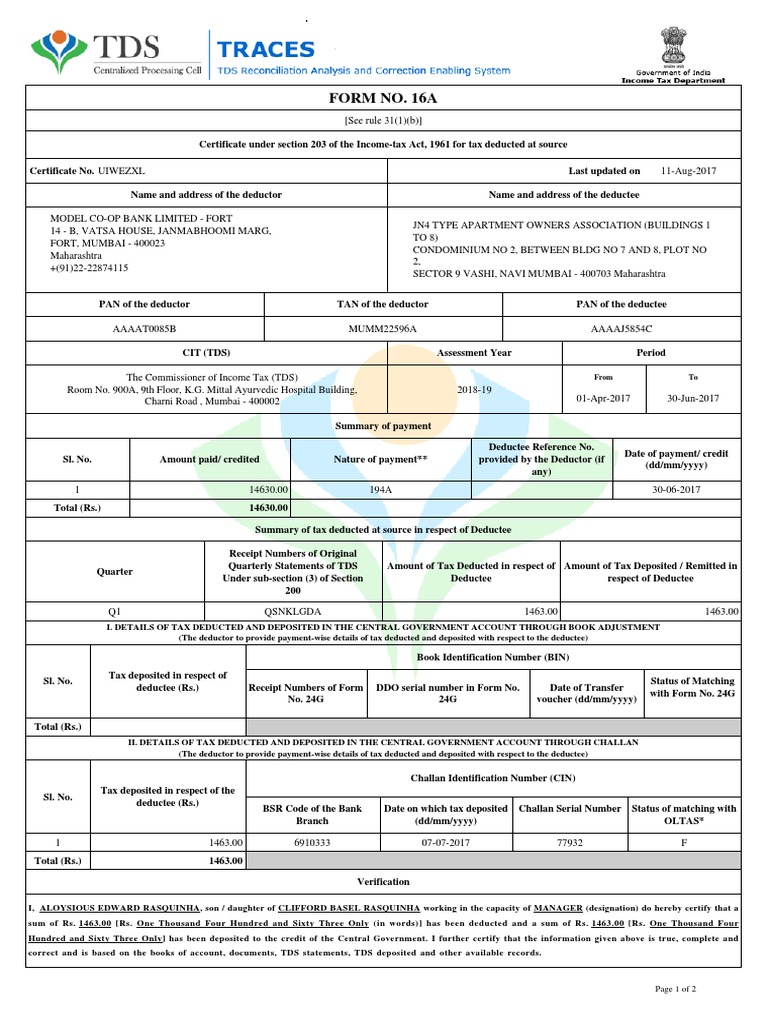Form 16A TDS Certificate 2018-19 | PDF | Lease | Securities (Finance)