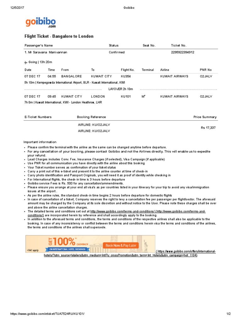 Flight Ticket - Bangalore To London | PDF | Aviation | Transport