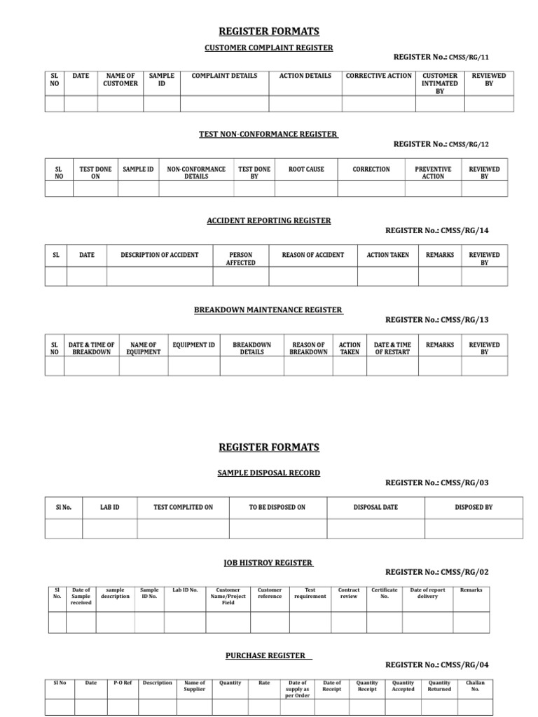 Register Formats: Customer Complaint Register Register No. | PDF ...
