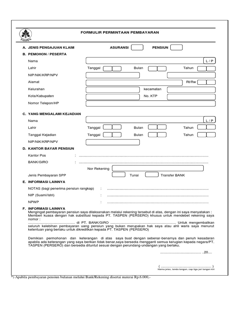 Formulir Permintaan Pembayaran Taspen